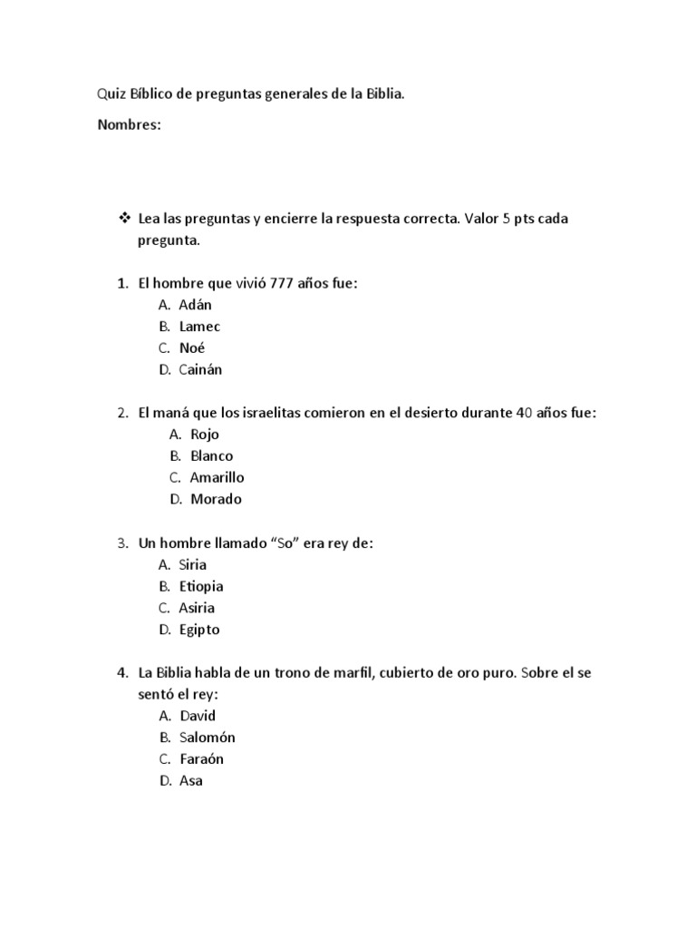 Quiz Bíblico de Preguntas Generales de La Biblia | PDF | Biblia | Jesús