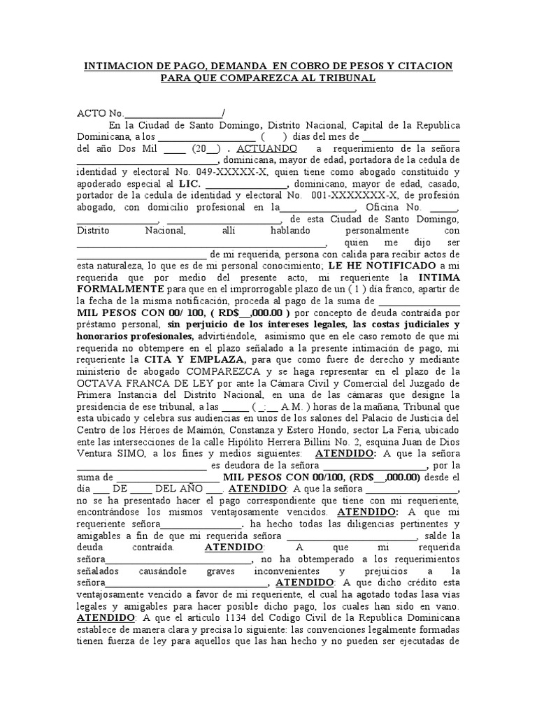 Modelo-Intimacion Pago | PDF | Sentencia (ley) | República Dominicana