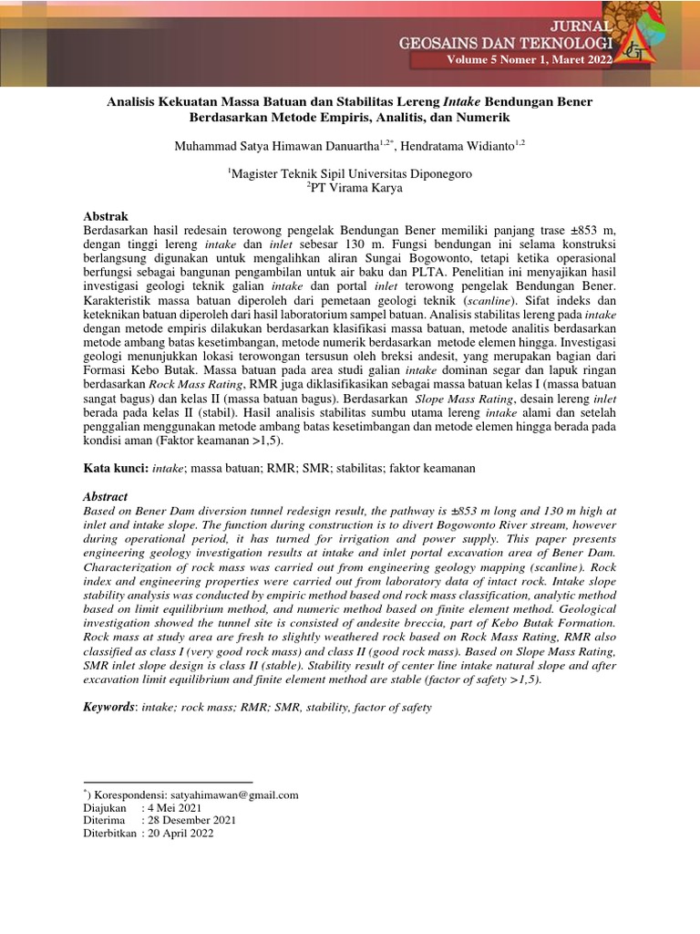 Analisis Kekuatan Massa Batuan Dan Stabilitas Lereng Intake Bendungan Bener | PDF