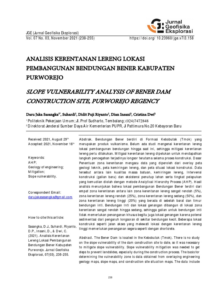 Analisis Kerentanan Lereng Lokasi Bendungan Bener | PDF