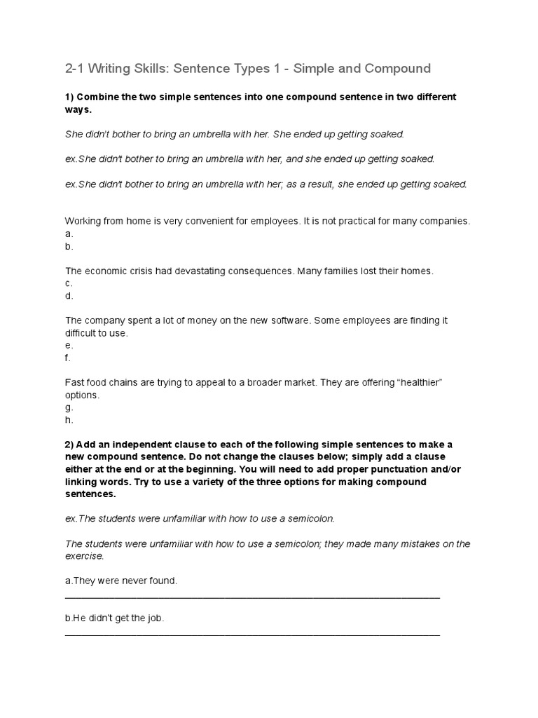 2-1 Writing Skills - Sentence Types 1 - Simple and Compound | PDF ...