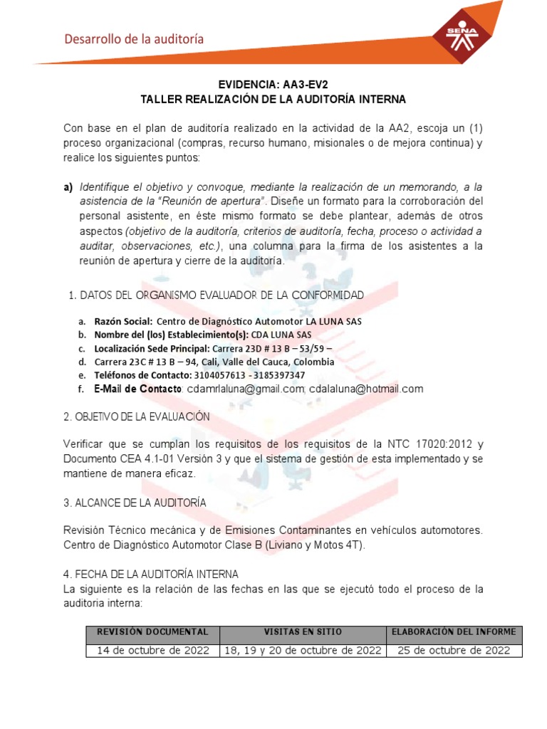 Formato Evidencia AA3 Ev2 Taller | PDF | Auditoría | Business