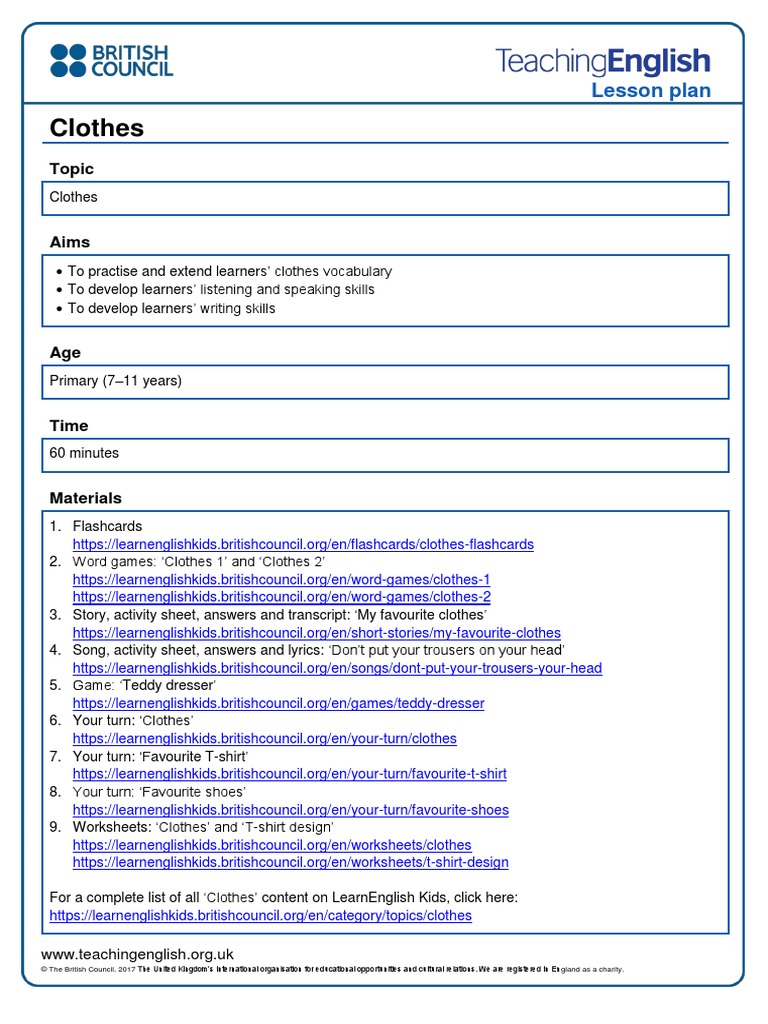 Teaching Kids Lesson Plan Clothes | PDF | Flashcard | Lesson Plan