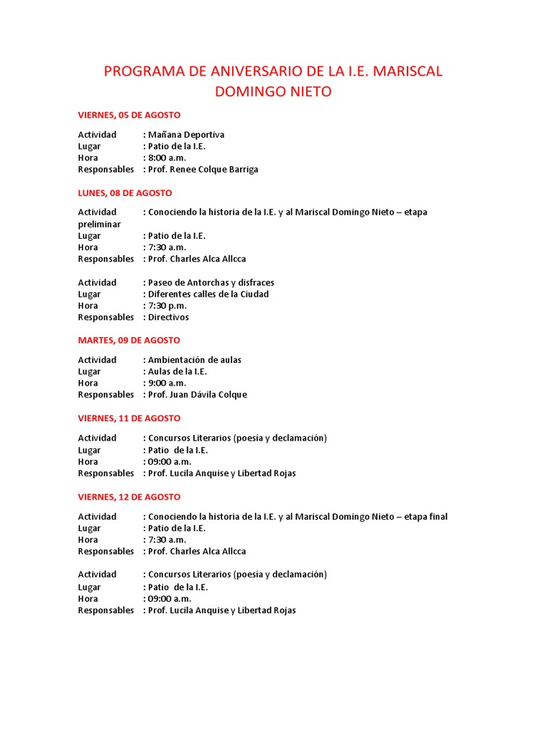 Programa de Aniversario de La I.E. 2022 | PDF
