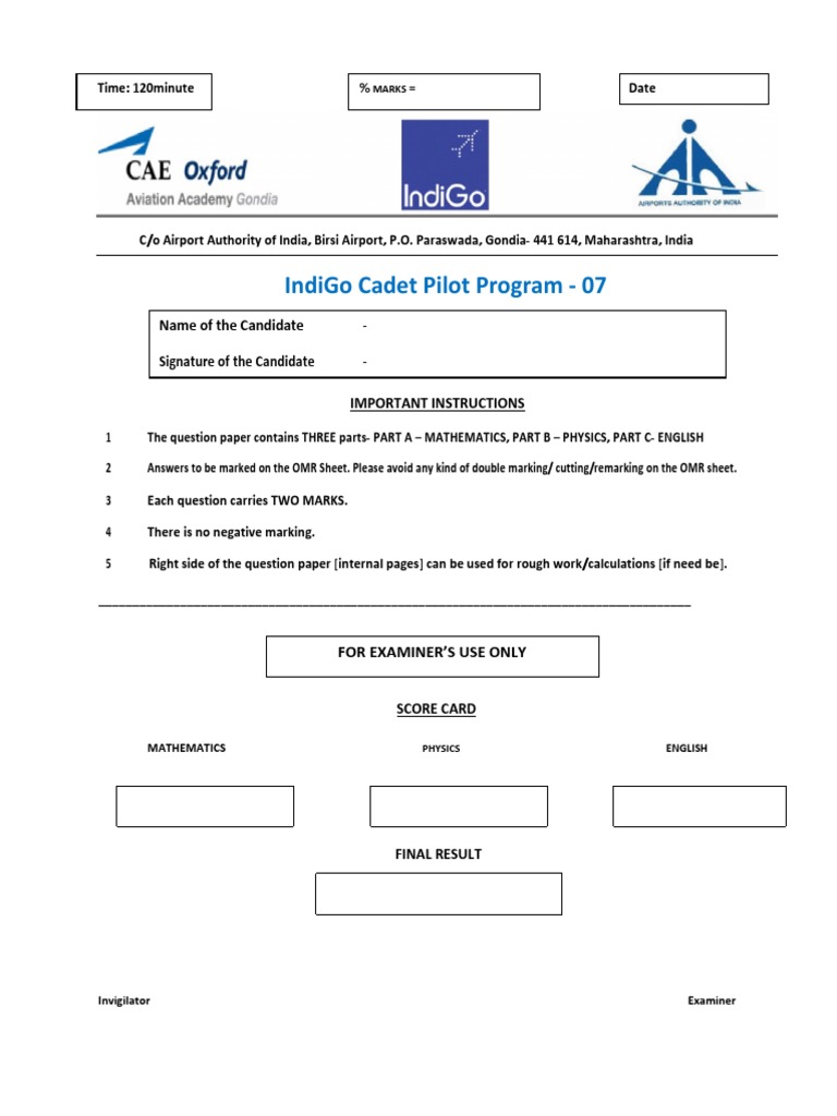 7A Question Paper For IndiGo Cadet Pilot Program | PDF | Lift (Force ...