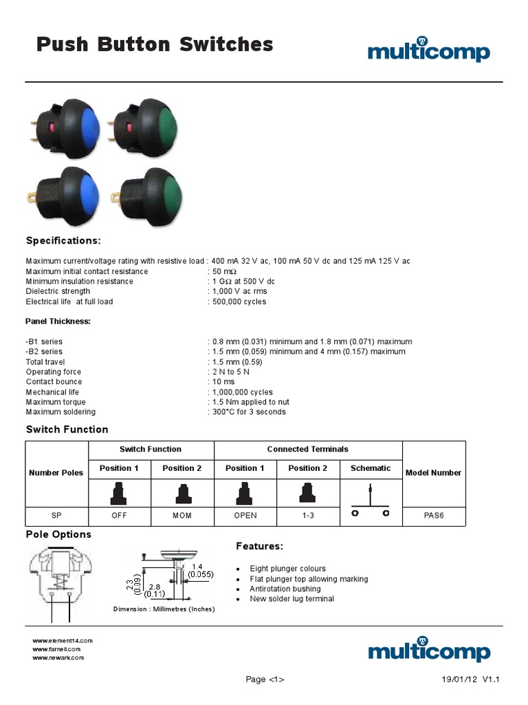 Push Button Switches: Specifications | PDF | Switch | Alternating Current