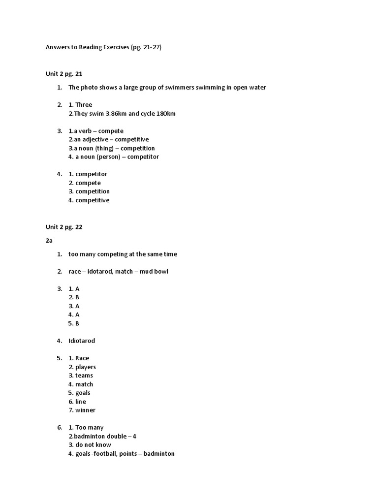 Reading Exercises Answers | PDF