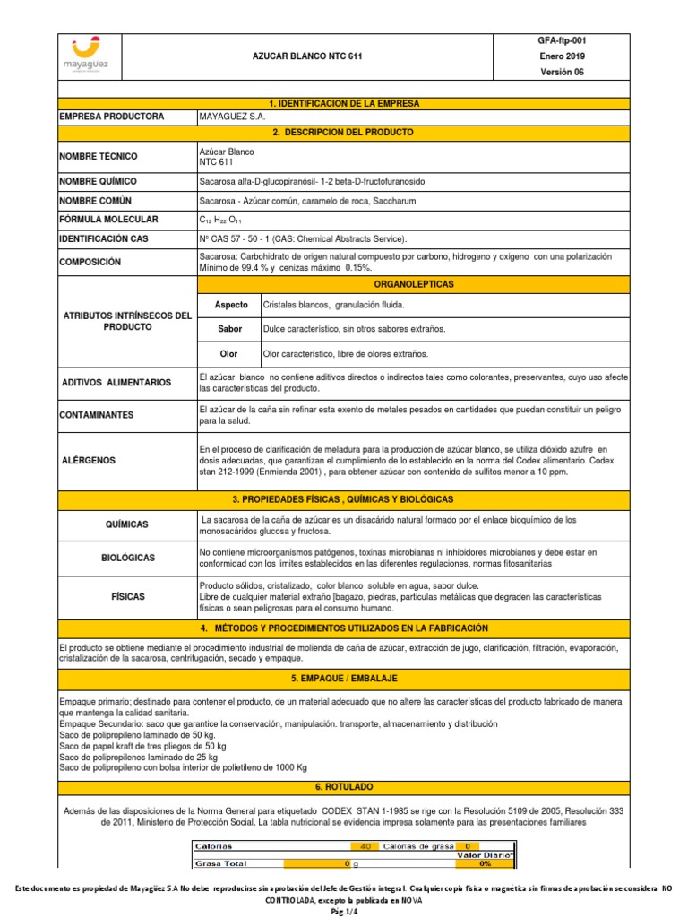 Ficha Tecnicas Azucar Blanca Mayaguez | PDF | Sacarosa | Azúcar