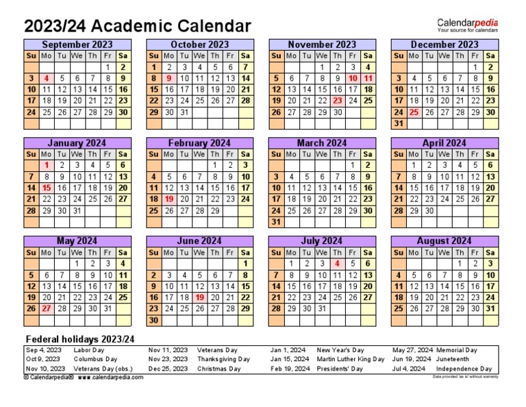 Academic Calendar 2023 2024 Landscape Year at A Glance | PDF ...