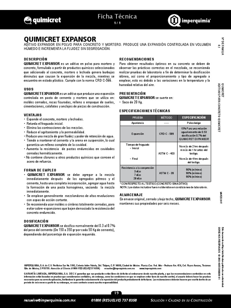 FT Quimicret Expansor | PDF | Hormigón | Cemento