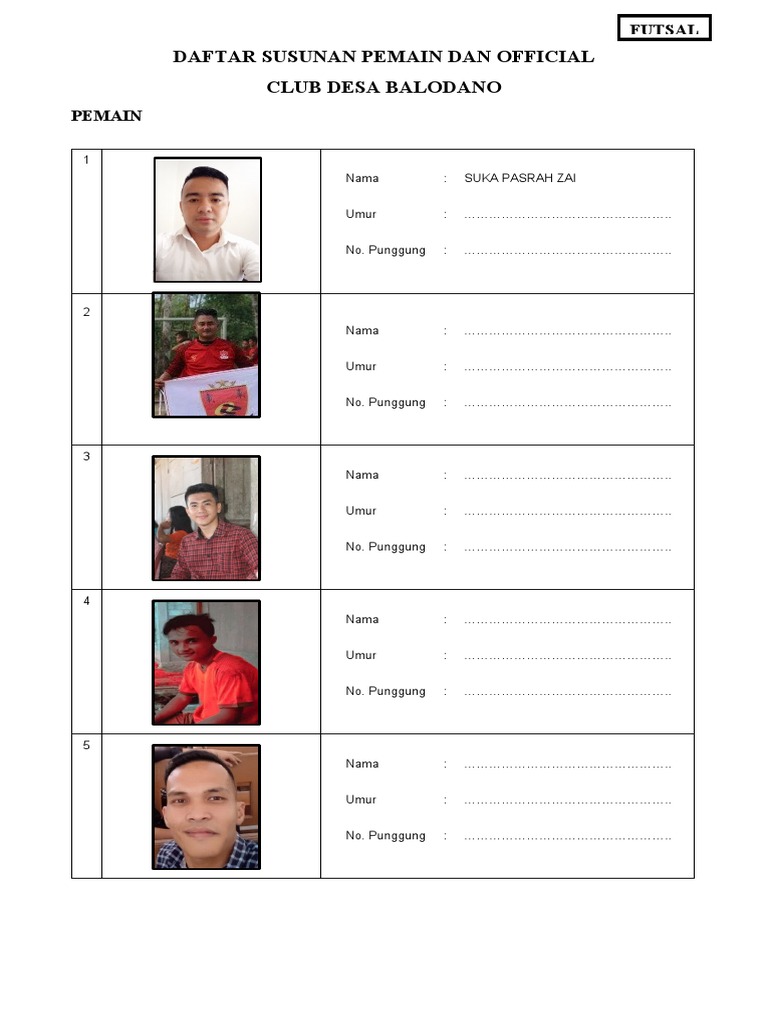 2 Daftar Susunan Pemain Dan Official Futsal | PDF | Olahraga & Rekreasi | Game & Aktivitas