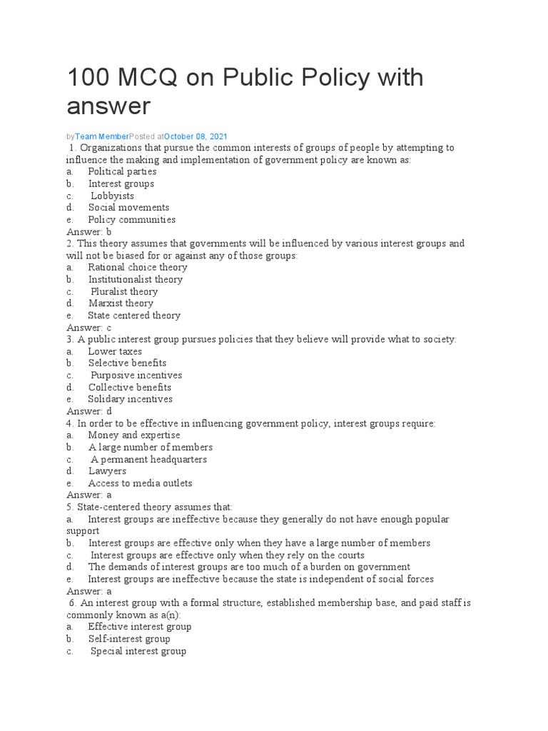 100 MCQ Public Policy with Answer | PDF | Policy | Advocacy Group