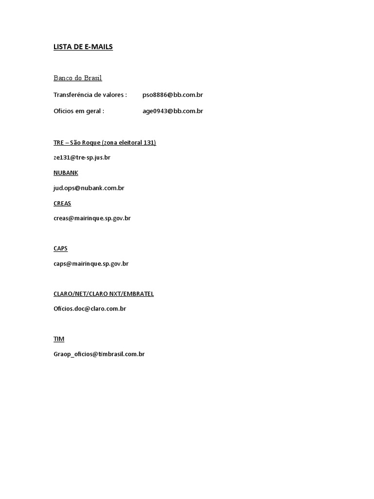 Lista de Emails para Envio de Oficio | PDF