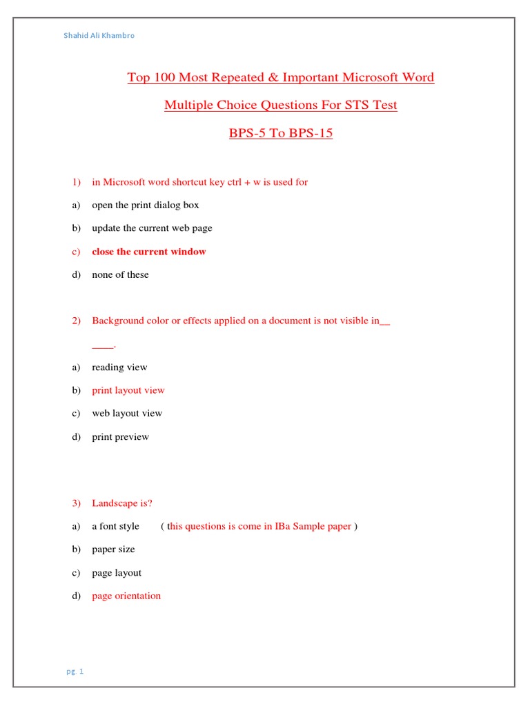 Top 100 Most Repeated Microsoft Word Mcqs Set-1 | PDF | Microsoft Word ...