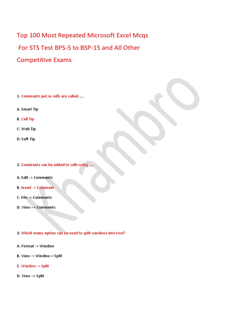 Top 100 Excel MCQs for Exams | PDF | Microsoft Excel | Spreadsheet