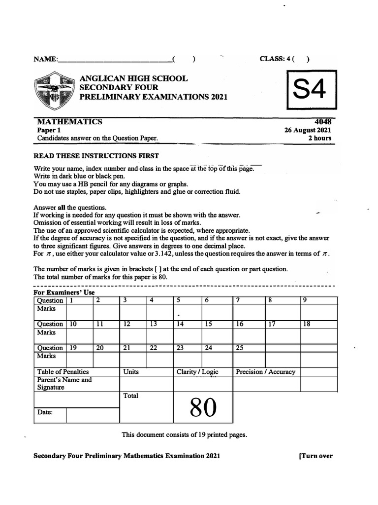 E-Math - Sec 4 Prelims Exam Paper - 2021 - Anglican High | PDF ...