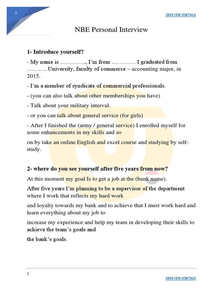 NBE Interview Self-Introduction Guide | PDF | Cheque | Banks