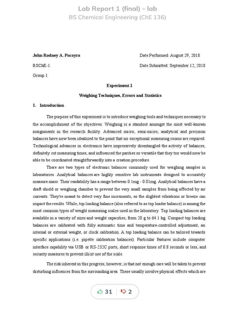 Lab Report 1 Final Lab | PDF | Weighing Scale | Weight