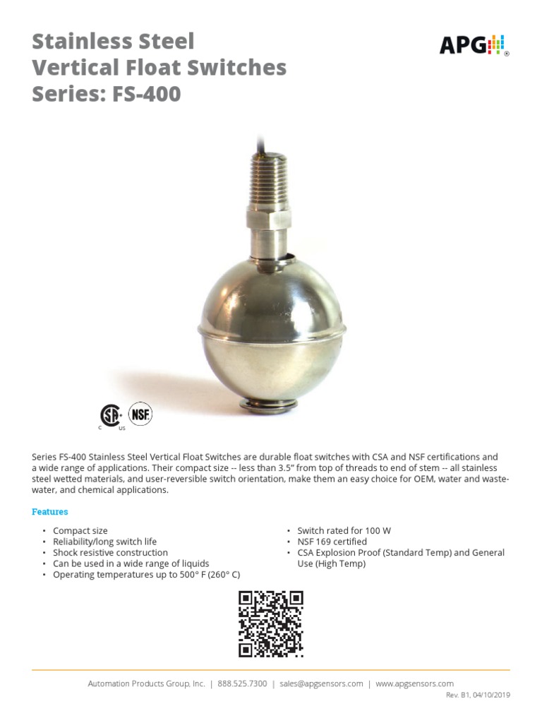 Explosion Proof Stainless Steel Vertical Float Switch APG FS 400 Series ...
