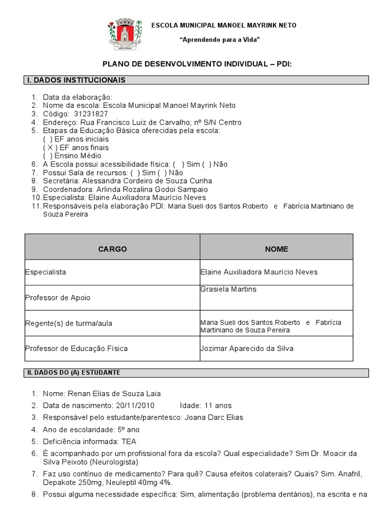 PDI Escola Municipal Manoel Mayrink Neto | PDF | Percepção | Aprendizado