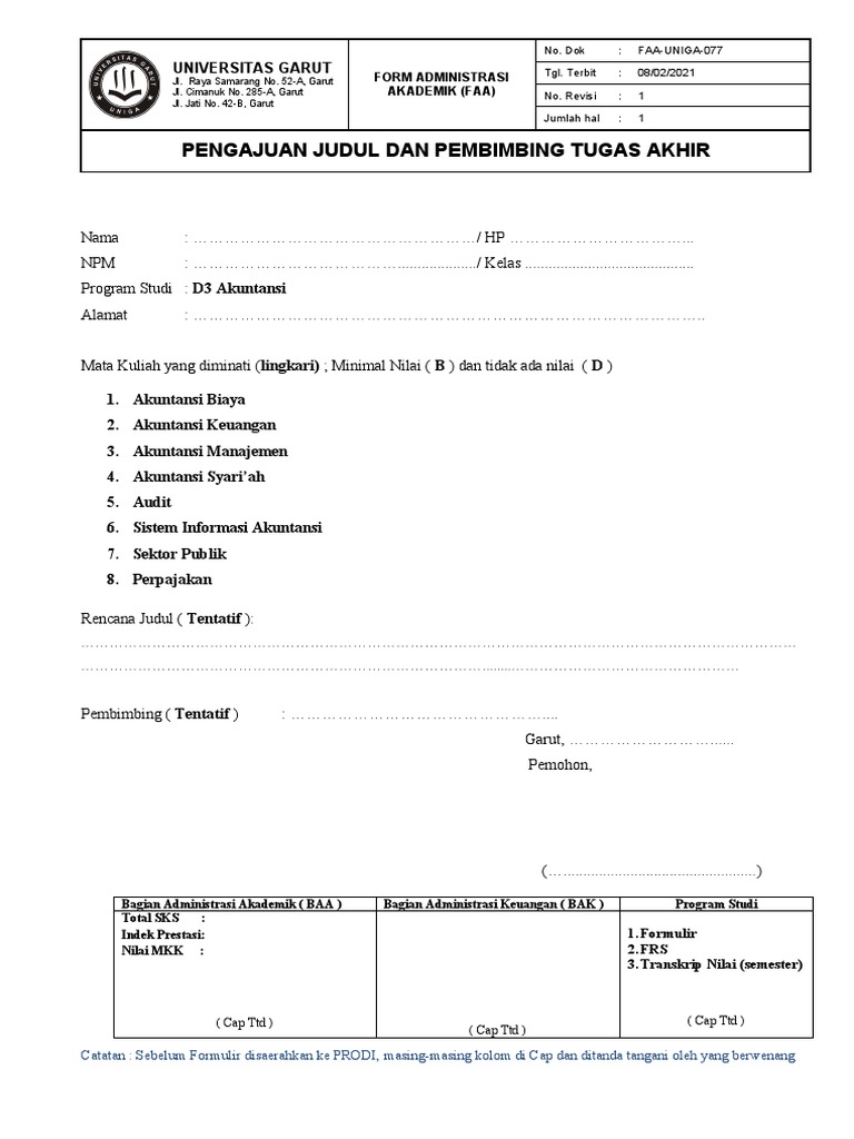 Formulir Pengajuan Judul Tugas Akhir | PDF