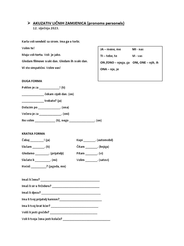 Akuzativ Ličnih Zamjenica | PDF