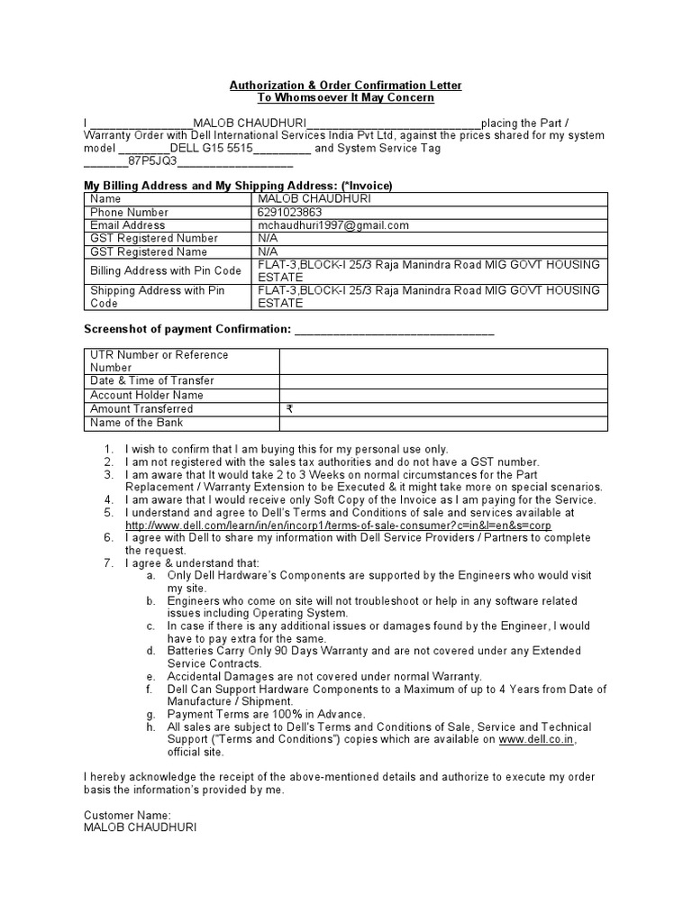 Authorization Letter - Order | PDF | Invoice | Dell