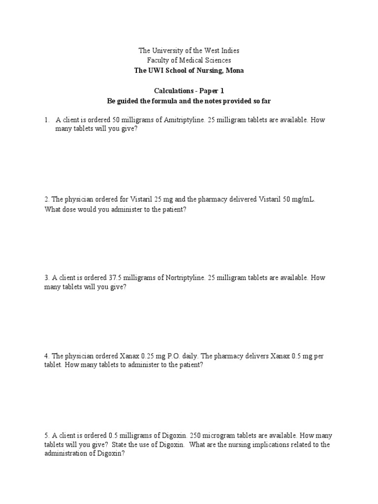 Drug Calculation Worksheet Paper 1 | PDF