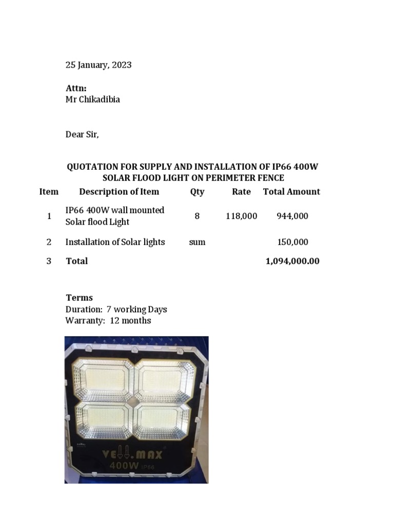 Quotation For Supply and Installation of Flood Light-4 | PDF ...