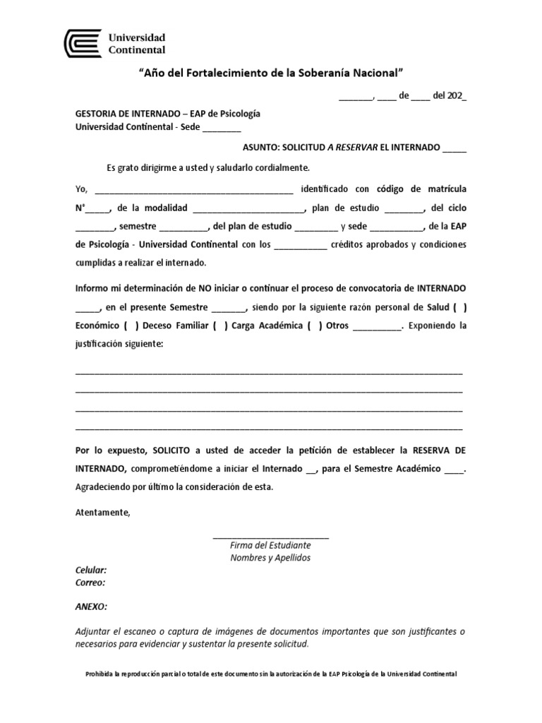 Solicitud Reserva de Internado Psicología | PDF