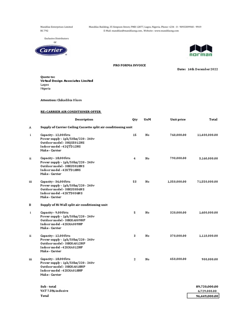Carrier Ac Quote - Vdal | PDF | Air Conditioning | Economies