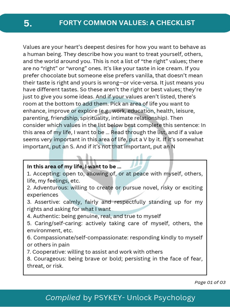 ACT Values Checklist: 40 Common Values | PDF | Psychology ...