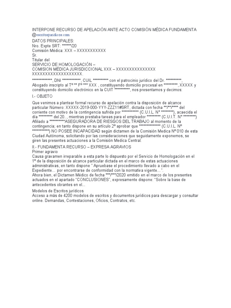 INTERPONE RECURSO DE APELACIÓN ANTE ACTO COMISIÓN MÉDICA FUNDAMENTA | PDF