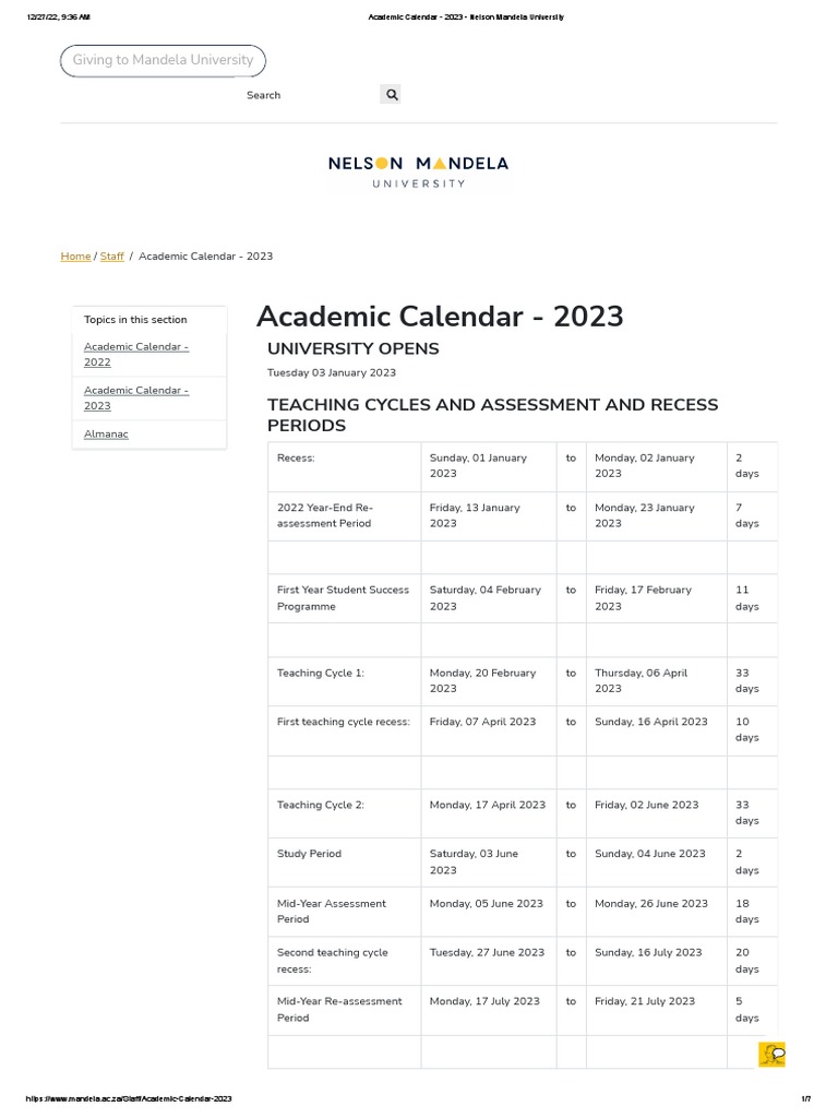 Academic Calendar - 2023 - Nelson Mandela University | PDF | Academic ...