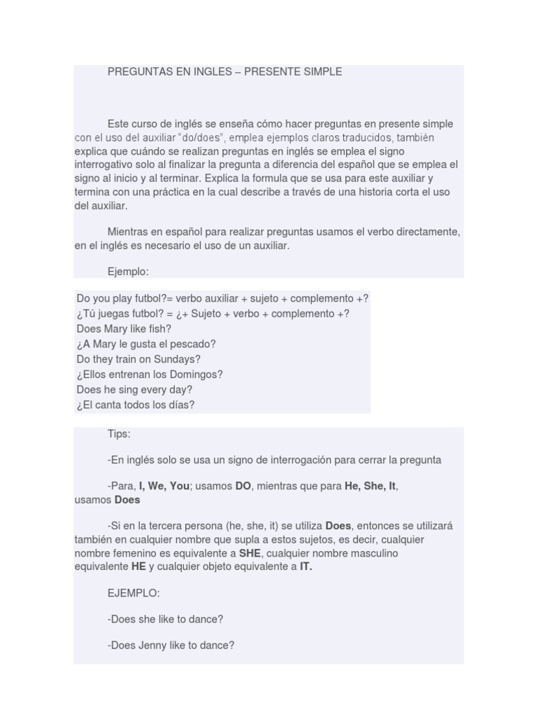 Preguntas en inglés: presente simple | PDF | Gramática | Lingüística