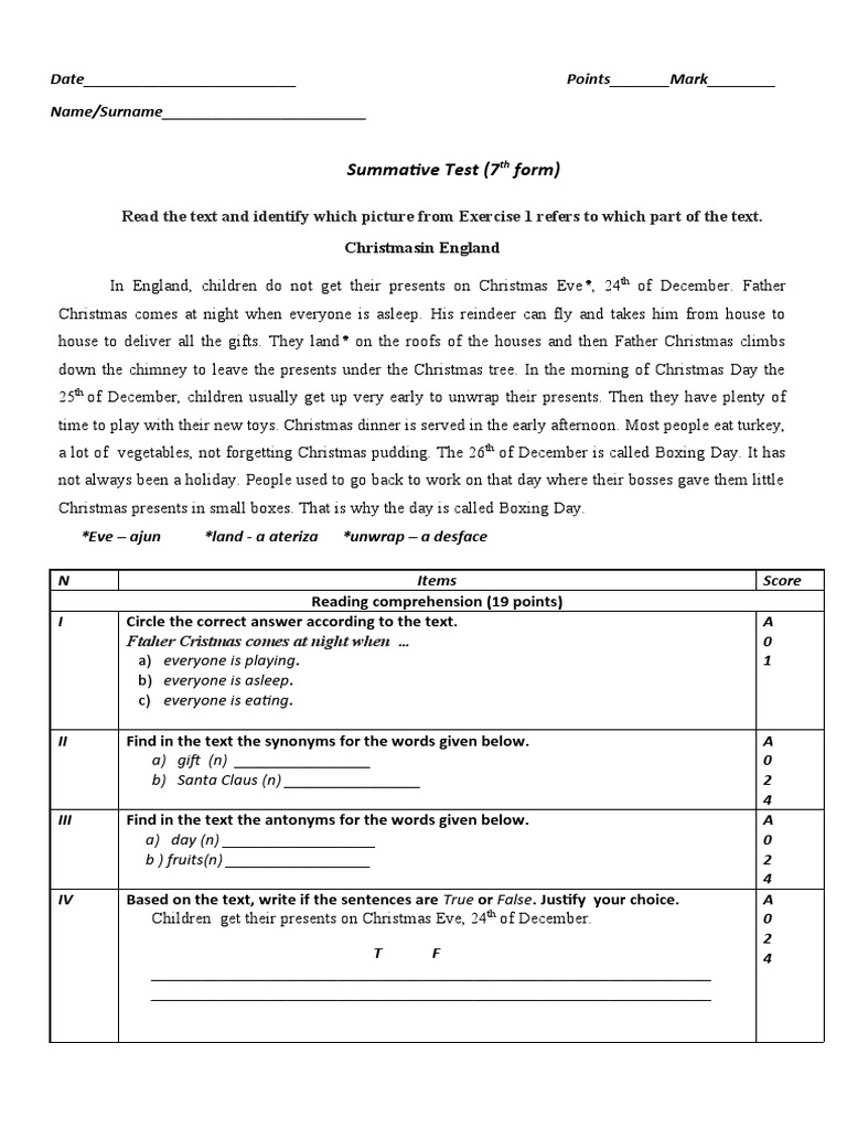 Test, CL 7, Unit 1 | PDF | Christmas | Christmas Traditions