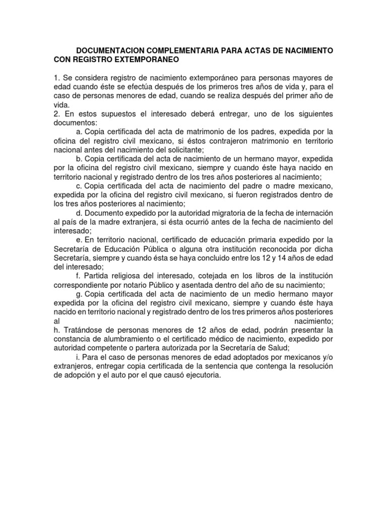 Documentacion Complementaria para Actas de Nacimiento Con Registro Extemporaneo | PDF