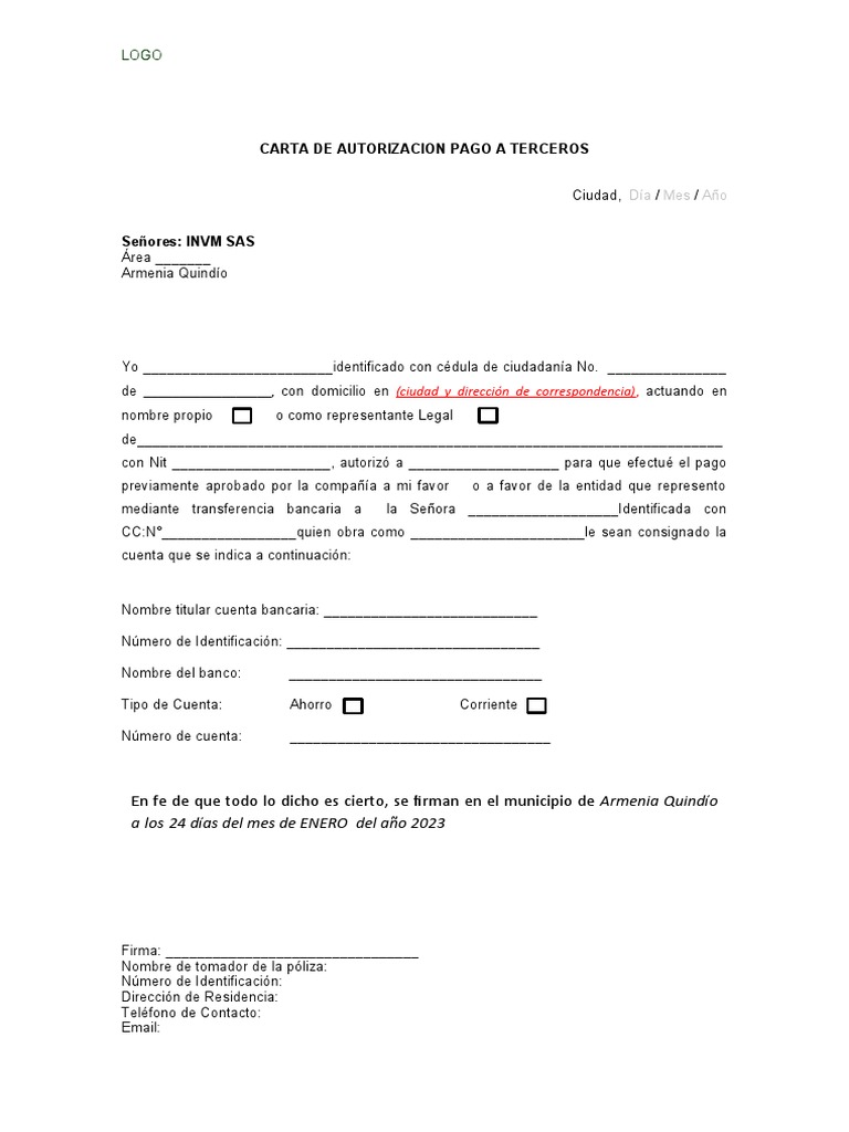 52 Carta de Autorizacion Pago Terceros | PDF