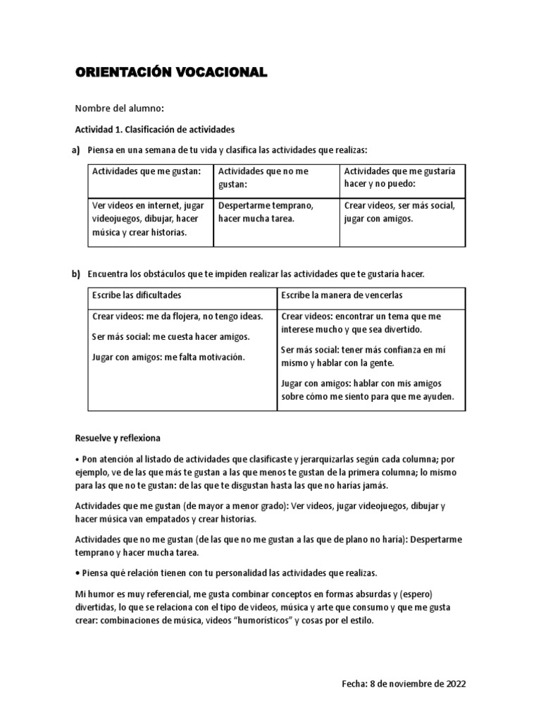 Clasificacion de Actividades Orientacion Vocacional | PDF