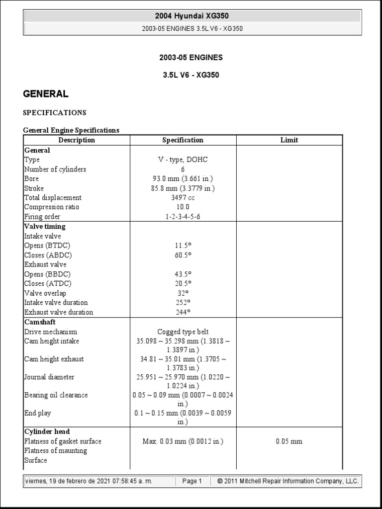 Hyundai XG350 3.5L V6 Specs & Tolerances | PDF | Motor Oil | Internal ...