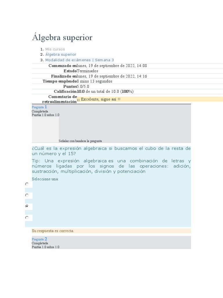 Examen Algebra Semana 3 | PDF | Multiplicación | Exponenciación Examen Algebra Semana 3 | PDF | Multiplicación | Exponenciación