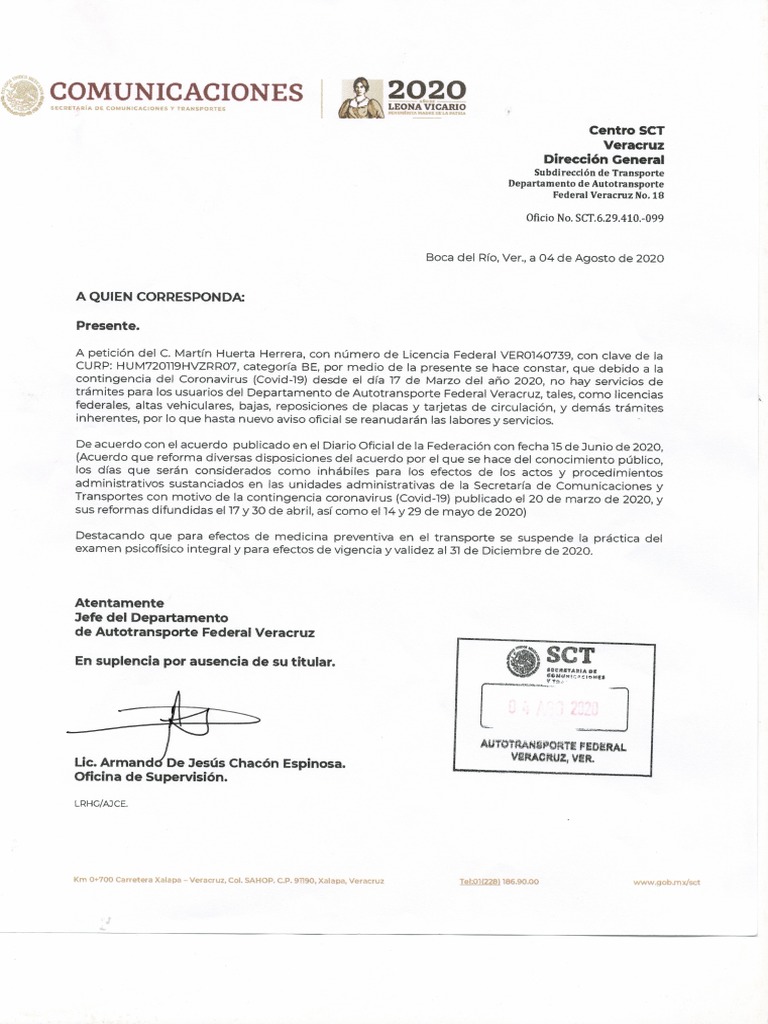 Oficio SCT Licencia Federal Martin Huerta | PDF