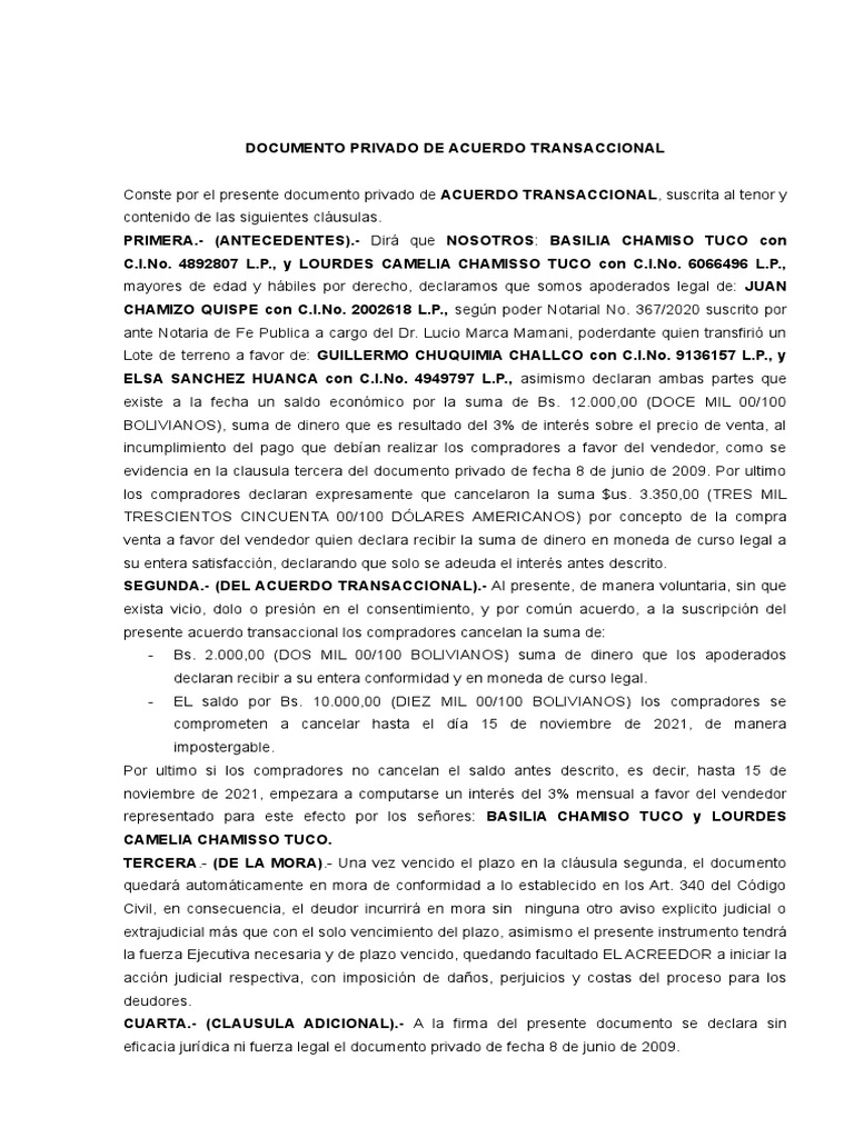 Acuerdo Transaccional - Basilia Chamiso | PDF