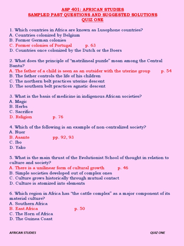 African Studies Quiz: Key Concepts | PDF | Africa | Family