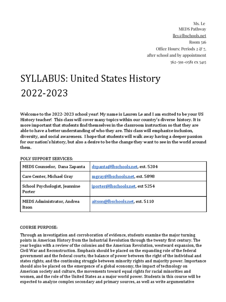 Us History Syllabus 2022-23 | PDF | Critical Thinking | Cognition