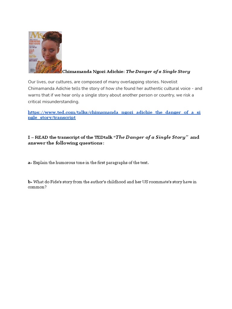 The Danger of A Single Story Activity With Transcript | PDF