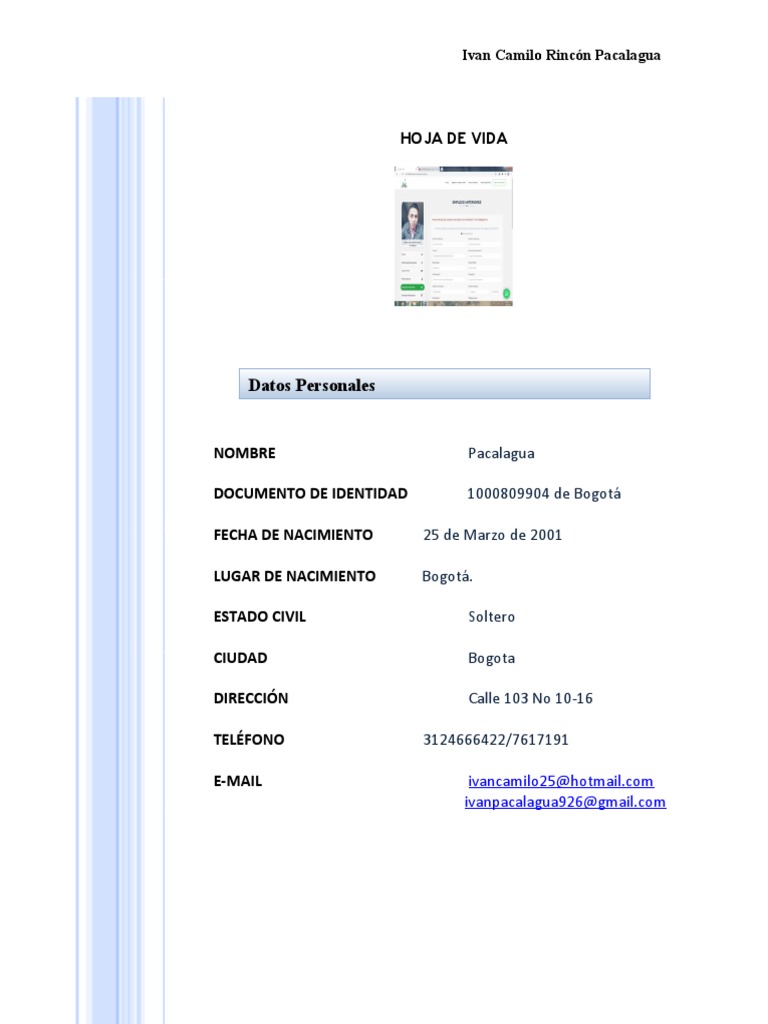 Hoja de Vida Ivan Camilo Rincon Pacalagua | PDF