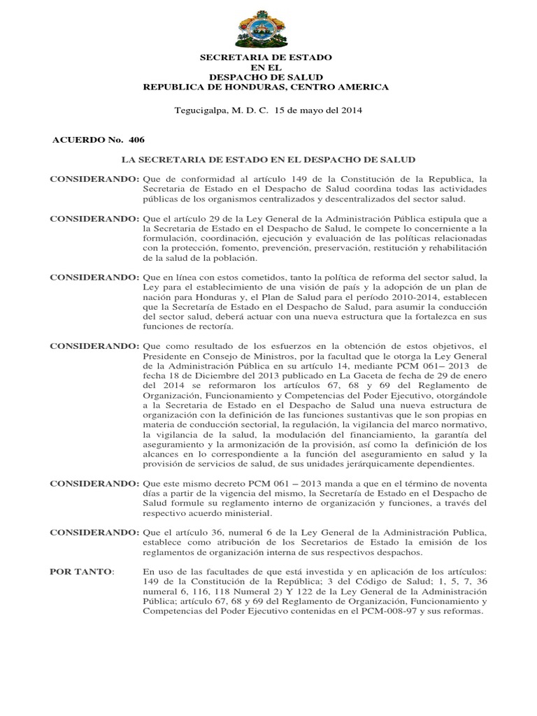 Acuerdo 406 14 Reglamento Interno de Organizaciones y Funciones Sesal ...