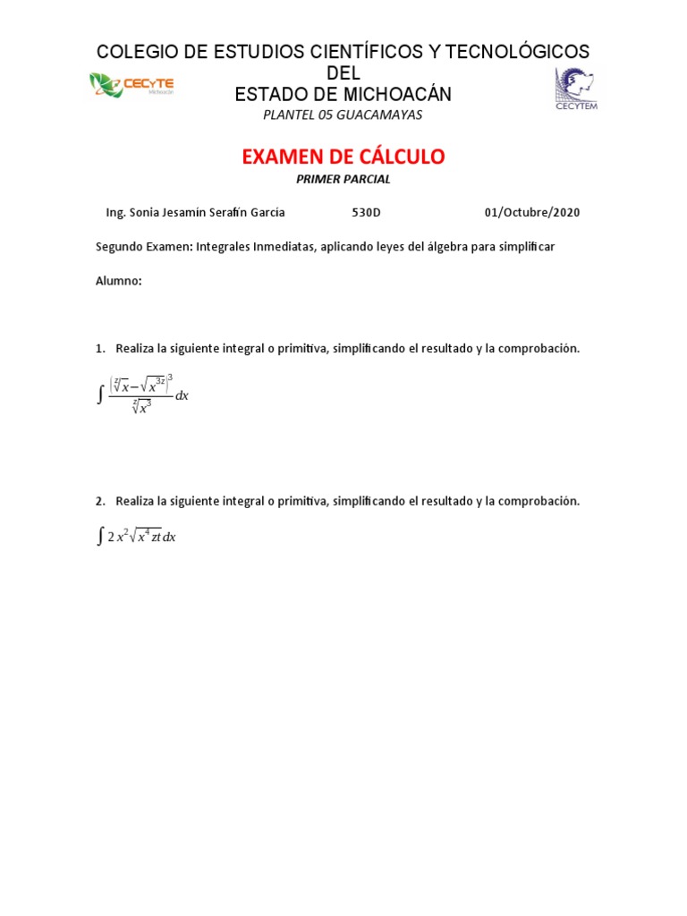 Examen 1. Integrales Basicas | PDF