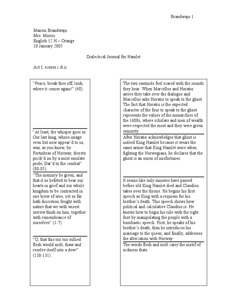 Dialectical Journal Act I, I, II | PDF | Hamlet